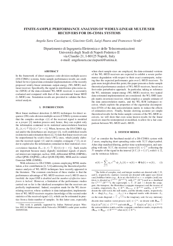 (PDF) Finite-Sample Performance Analysis of Widely Linear Multiuser Receivers for DS-CDMA Systems