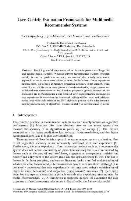 (PDF) User-Centric Evaluation Framework for Multimedia Recommender Systems