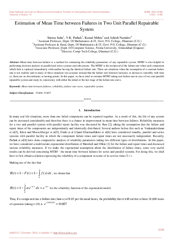 (PDF) Estimation of Mean Time between Failures in Two Unit Parallel Repairable System