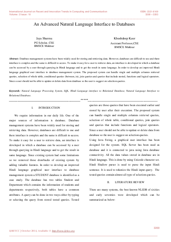 (PDF) An Advanced Natural Language Interface to Databases