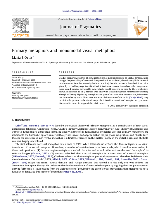 (PDF) Primary metaphors and monomodal visual metaphors