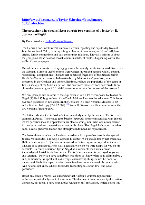 (PDF) Dotan Arad and Esther Miriam Wagner, 'The preacher who speaks like a parrot: two versions ...