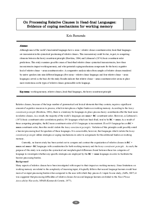 (PDF) On processing relative clauses in head-final languages: Evidence of coping mechanisms for ...