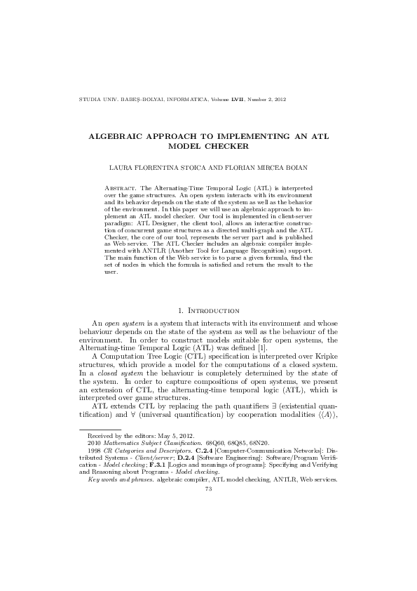 Pdf Algebraic Approach To Implementing An Atl Model Checker
