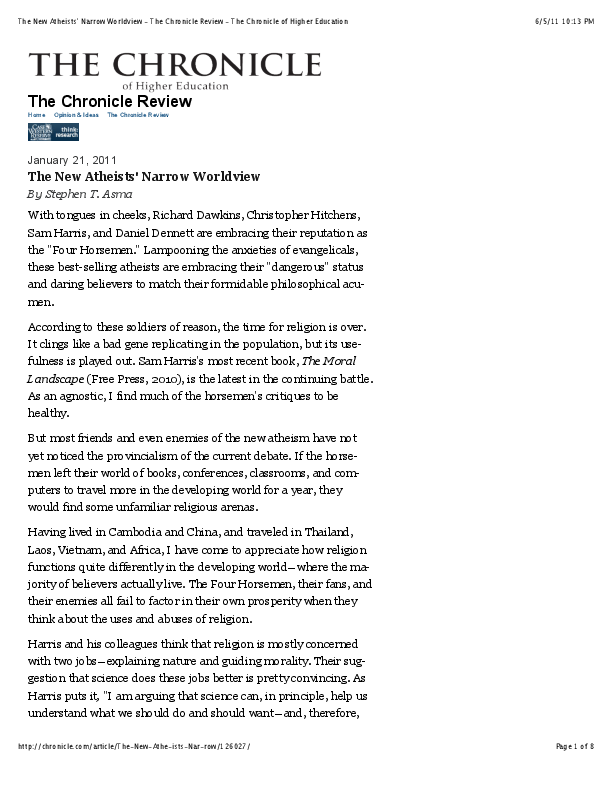 (PDF) The New Atheists' Narrow World View (Chronicle of Higher Ed)