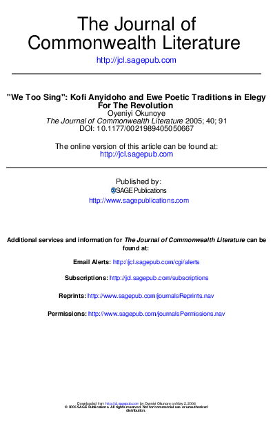 (PDF) We Too Sing”: Kofi Anyidoho and Ewe Poetic Traditions in Elegy ...