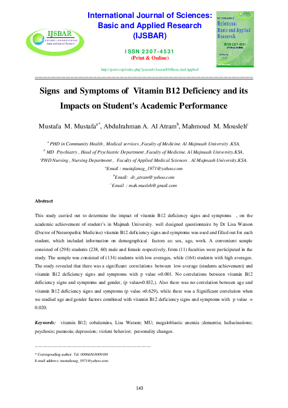 (PDF) Signs and Symptoms of Vitamin B12 Deficiency and its Impacts on ...