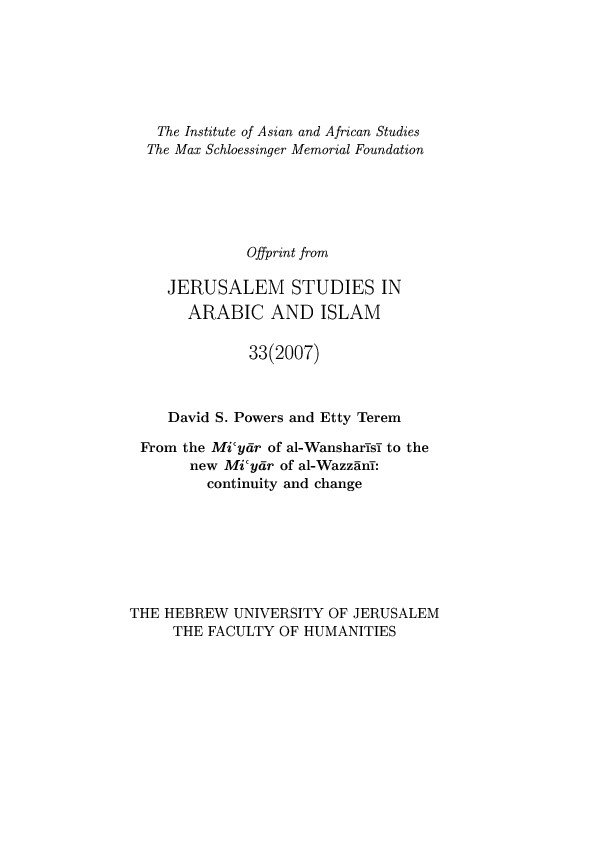 (PDF) "From the Mi`yar of al-Wansharisi to the New Mi`yar of al-Wazzani ...