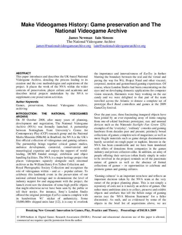 (PDF) Make Videogames History: Game preservation and The National ...