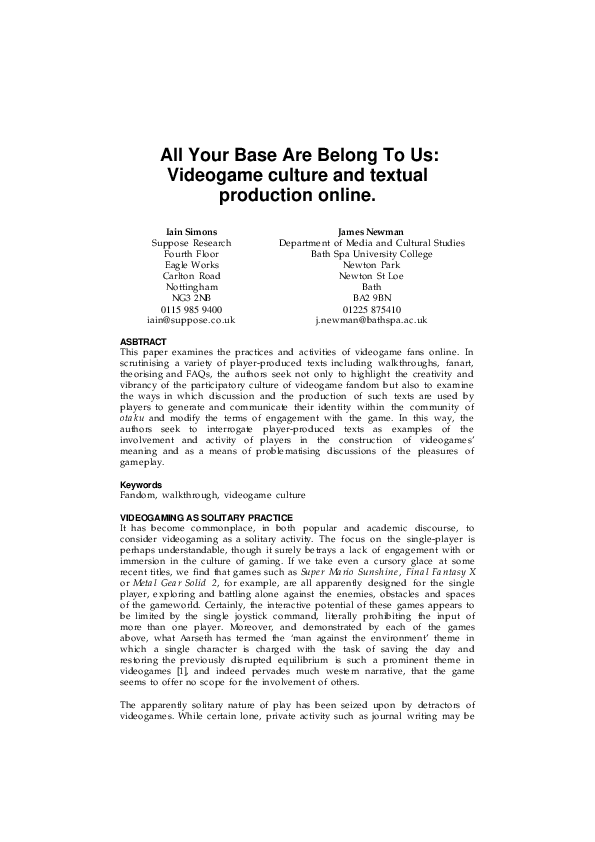 (PDF) All Your Base Are Belong To Us: Videogame culture and textual ...