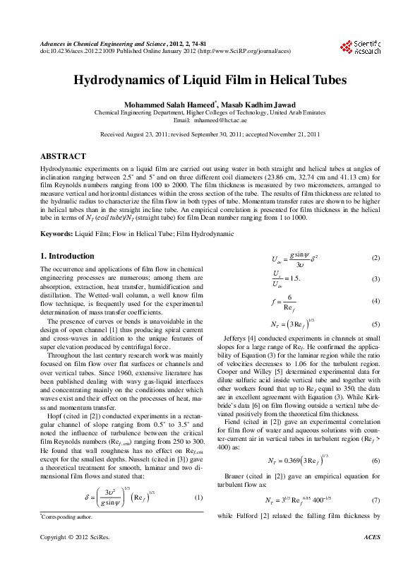 (PDF) Hydrodynamics of Liquid Film in Helical Tubes