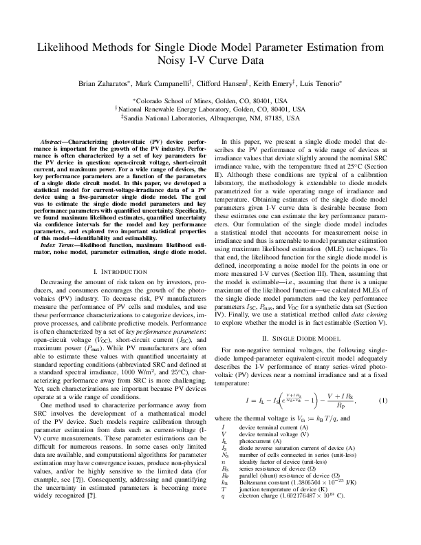 Pdf Likelihood Methods For Single Diode Model Parameter Estimation
