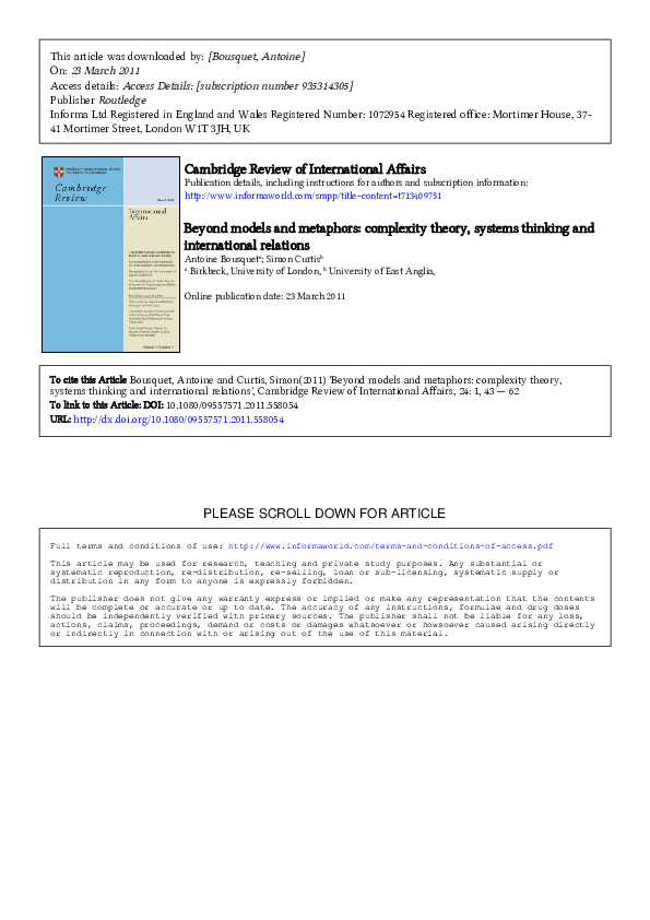 Pdf Beyond Models And Metaphors Complexity Theory Systems Thinking