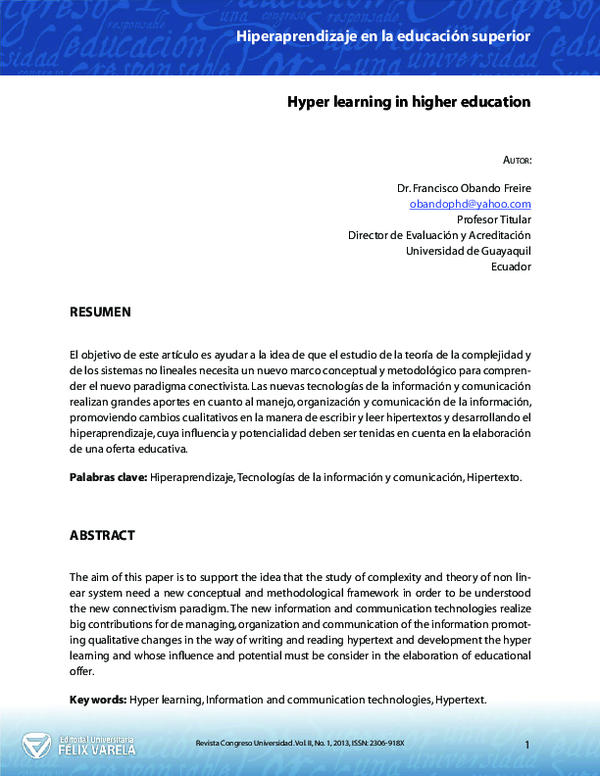 (PDF) Hiperaprendizaje en la educación superior Hyper learning in ...