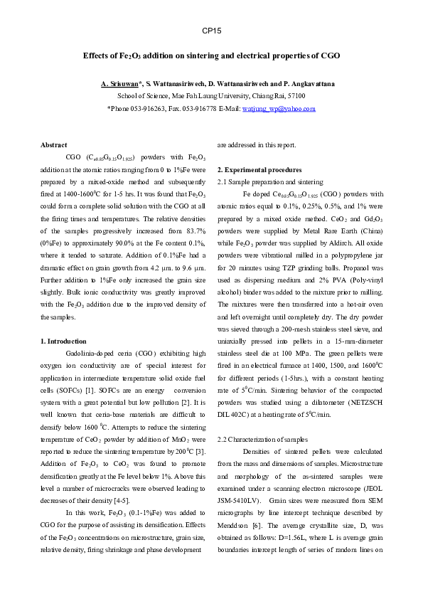 (PDF) Effects of Fe2O3 addition on sintering and electrical properties of CGO