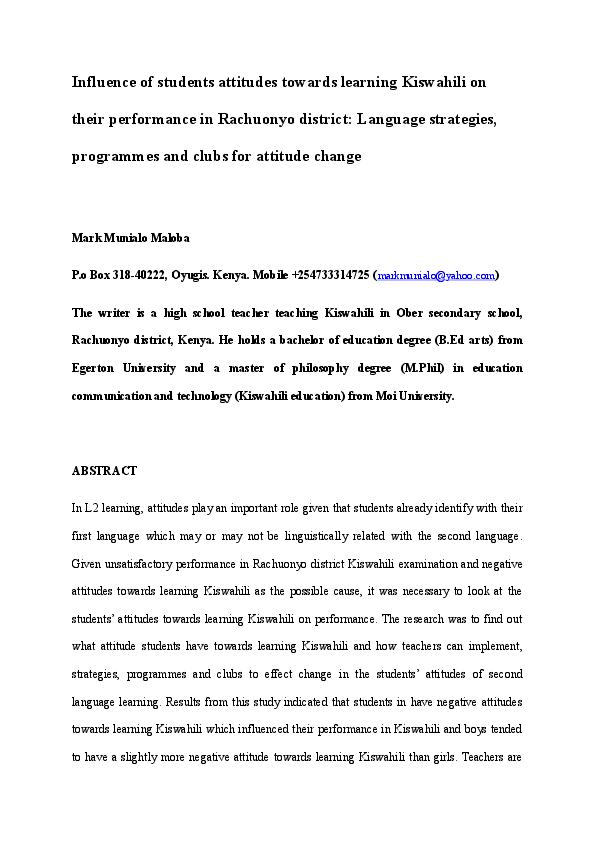 (DOC) Influence of students attitudes towards learning Kiswahili on their performance in ...
