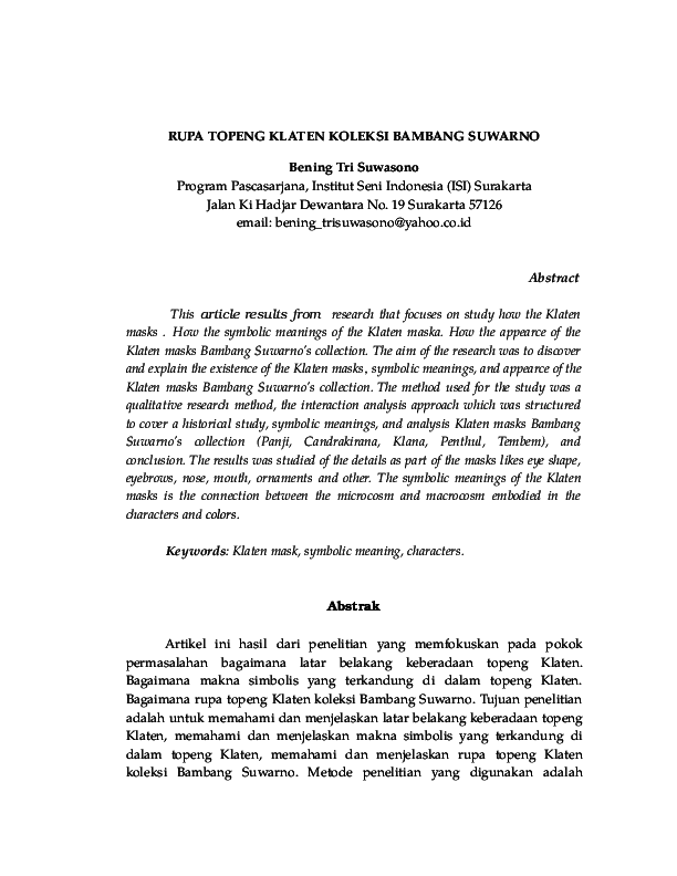 (DOC) RUPA TOPENG KLATEN KOLEKSI BAMBANG SUWARNO