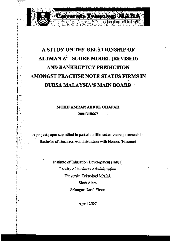 (PDF) The Relationship of Altman Z-Score Model (Revised) and Bankruptcy ...