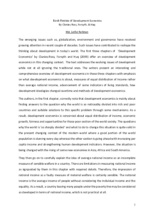 (PDF) Book Review of Development Economics By Clunies Ross, Forsyth, & Huq