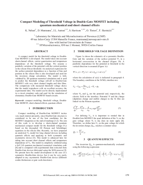 (PDF) Compact Modeling of Threshold Voltage in Double-Gate MOSFET including quantum mechanical ...