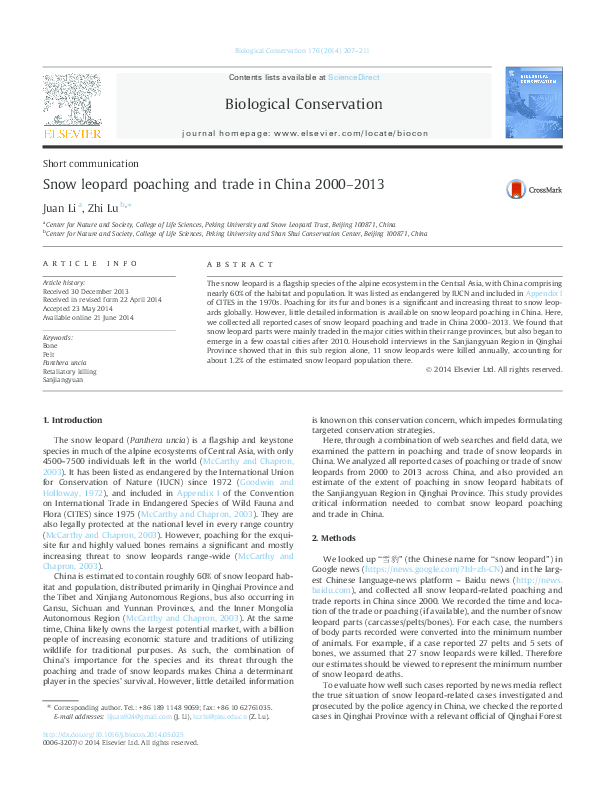 (PDF) Snow leopard poaching and trade in China 2000–2013