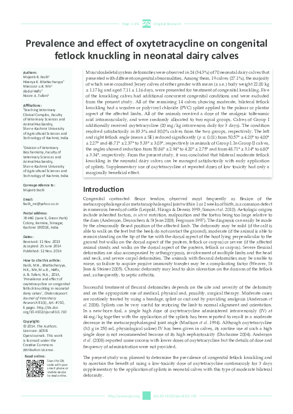 (PDF) Prevalence and effect of oxytetracycline on congenital fetlock ...