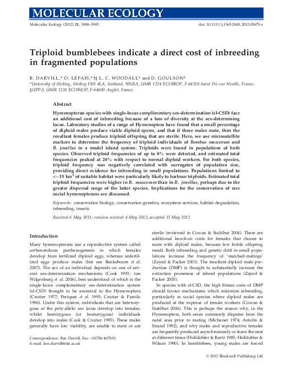 (PDF) Triploid bumblebees indicate a direct cost of inbreeding in ...