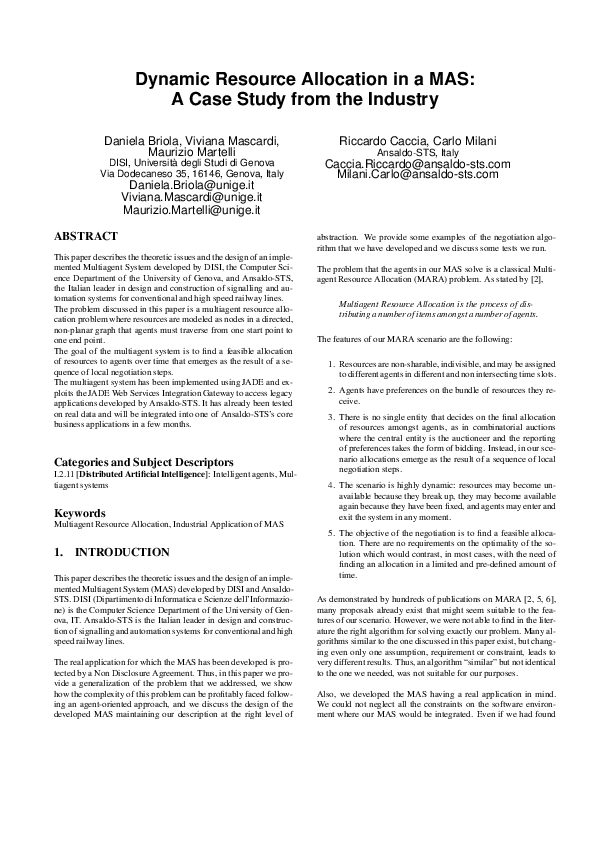 (PDF) Dynamic Resource Allocation in a MAS: A Case Study from the Industry