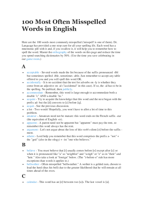 (DOC) the most misspelled words