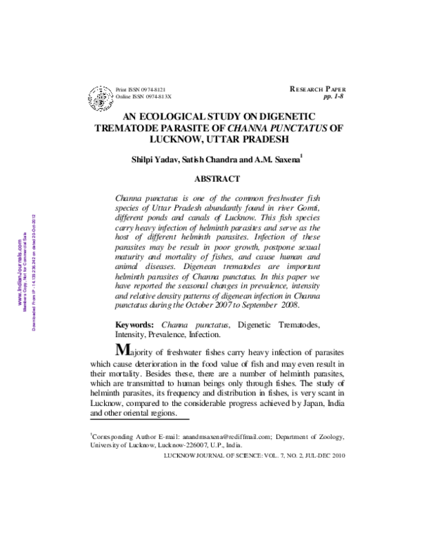 (PDF) AN ECOLOGICAL STUDY ON DIGENETIC TREMATODE PARASITE OF CHANNA ...