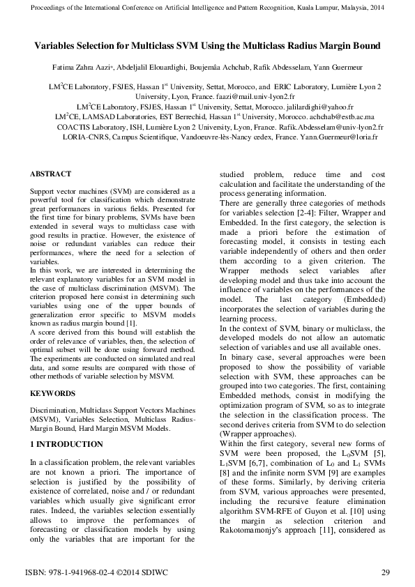 (PDF) Variables Selection for Multiclass SVM Using the Multiclass Radius Margin Bound