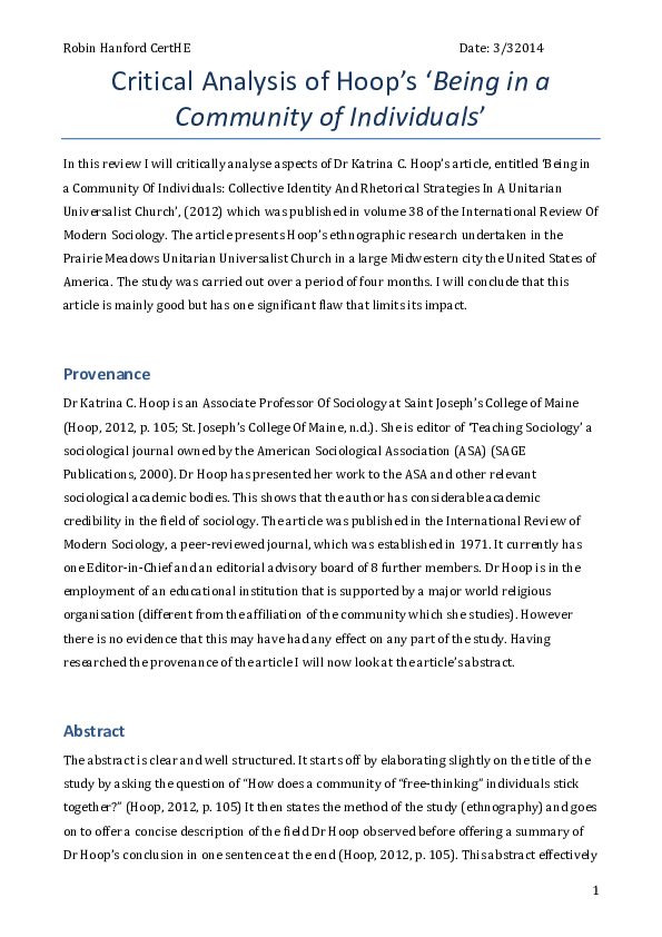 (DOC) Critical Analysis of Hoop’s ‘Being in a Community of Individuals’