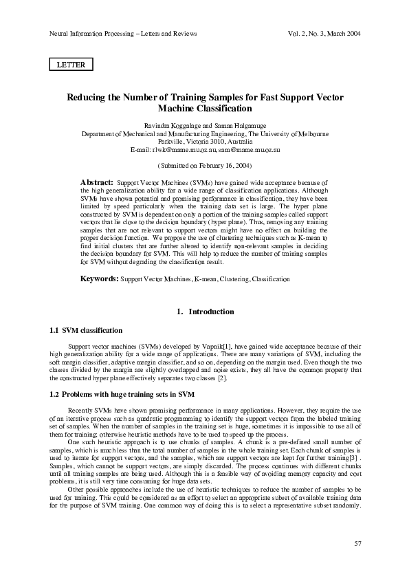 (PDF) Reducing the number of training samples for fast support vector machine classification