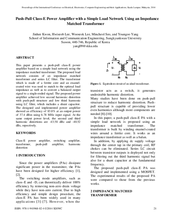 (PDF) Push-Pull Class-E Power Amplifier with a Simple Load Network Using an Impedance Matched ...