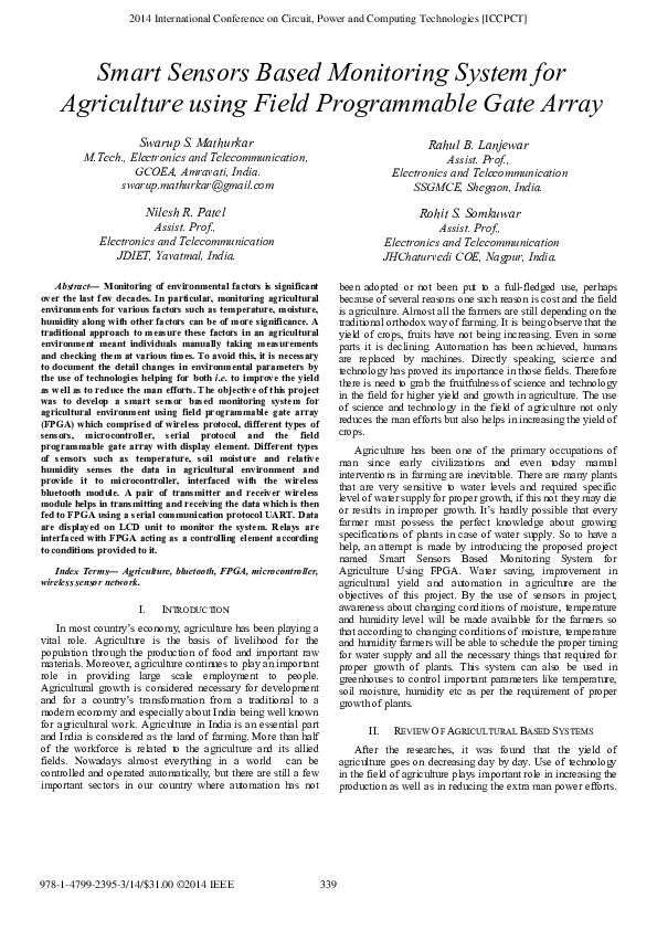 Pdf Smart Sensors Based Monitoring System For Agriculture Using Field Programmable Gate Array