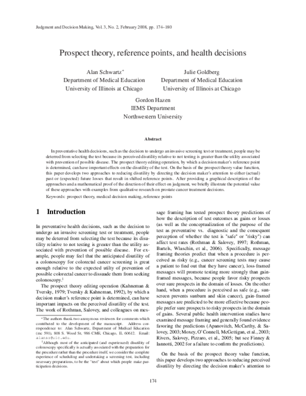 (PDF) Prospect theory, reference points, and health decisions