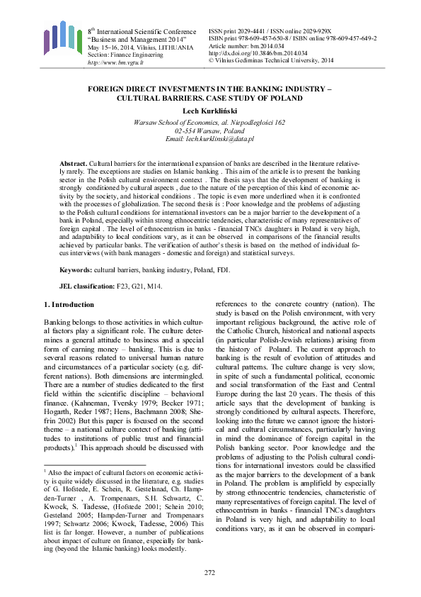 (PDF) FOREIGN DIRECT INVESTMENTS IN THE BANKING INDUSTRY – CULTURAL ...