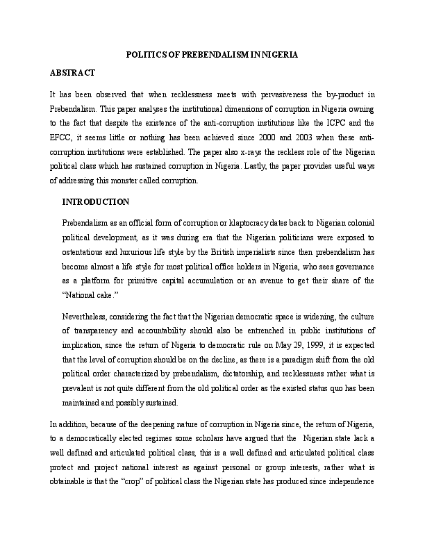 (DOC) POLITICS OF PREBENDALISM IN NIGERIA