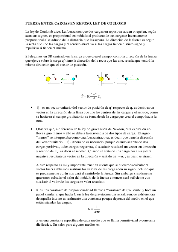(PDF) FUERZA ENTRE CARGAS EN REPOSO. LEY DE COULOMB