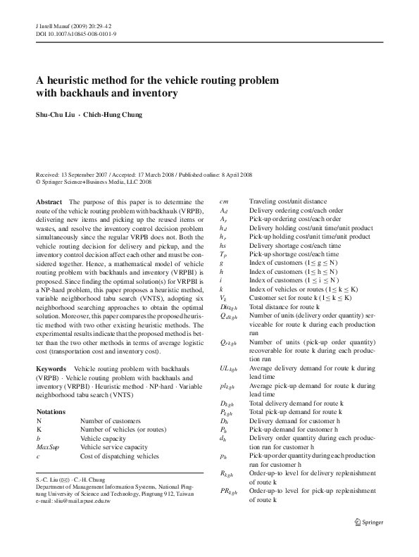 Pdf A Heuristic Method For The Vehicle Routing Problem With Backhauls And Inventory