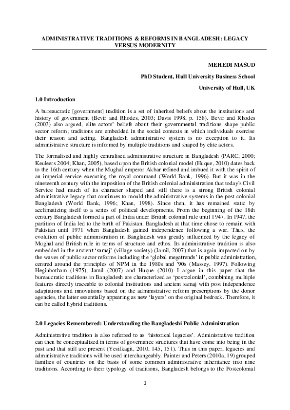 (PDF) ADMINISTRATIVE TRADITIONS & REFORMS IN BANGLADESH: LEGACY VERSUS ...