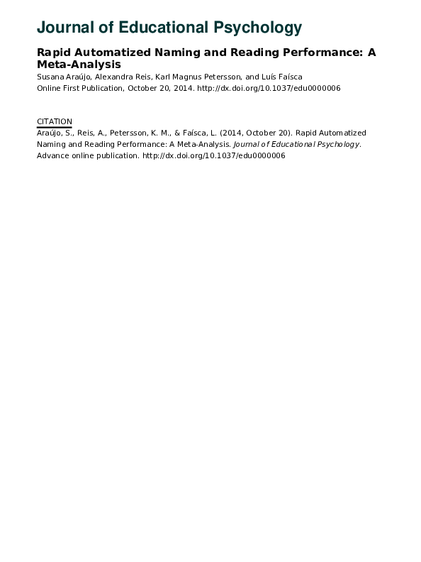 Pdf Rapid Automatized Naming And Reading Performance A Meta Analysis