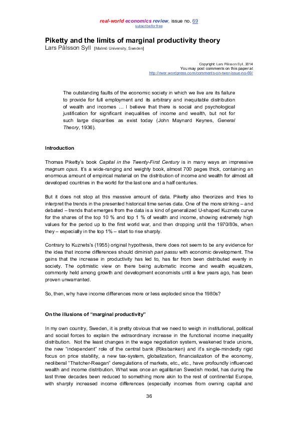 (PDF) Piketty and the limits of marginal productivity theory
