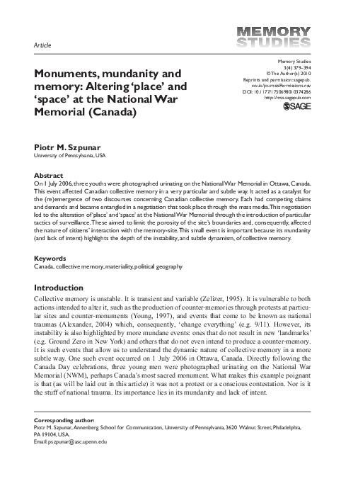Monuments, mundanity and memory: Altering ‘place’ and ‘space’ at the ...