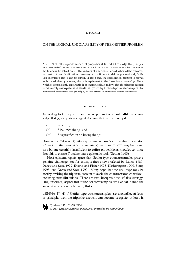 (PDF) On the Logical Unsolvability of the Gettier Problem