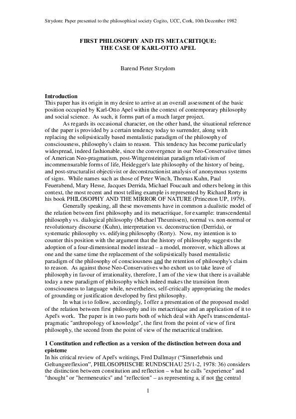 (PDF) ‘First Philosophy and its Metacritique: The Case of Karl-Otto ...