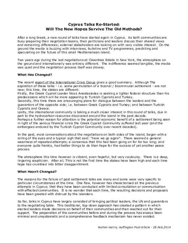 (PDF) Cyprus Talks Re-Started: Will The New Hopes Survive The Old Methods?