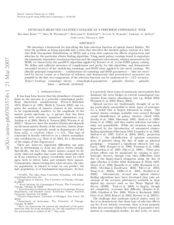 (PDF) Optically-Selected Cluster Catalogs as a Precision Cosmology Tool