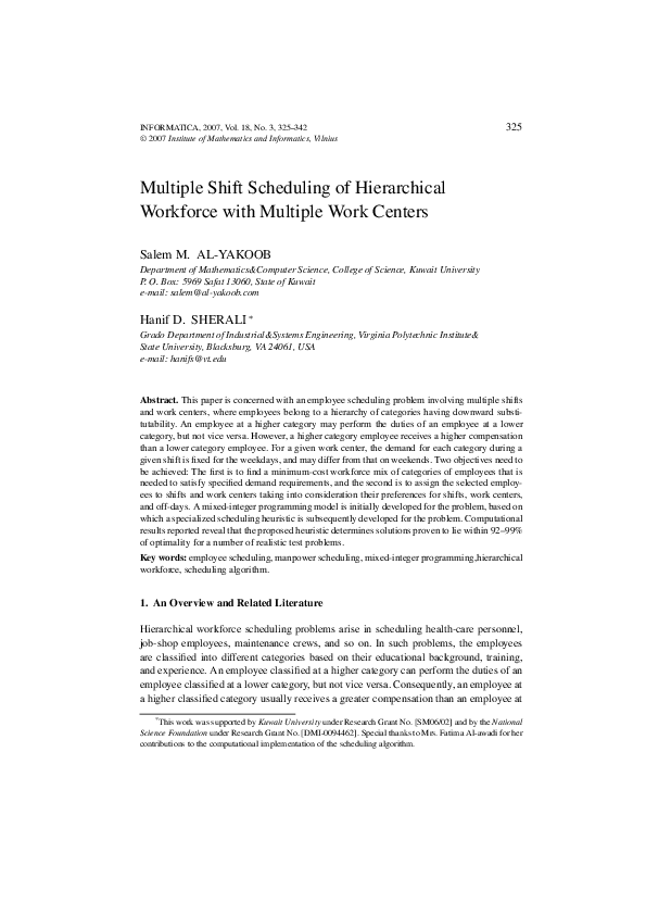 Pdf Multiple Shift Scheduling Of Hierarchical Workforce With Multiple Work Centers Al Alfar