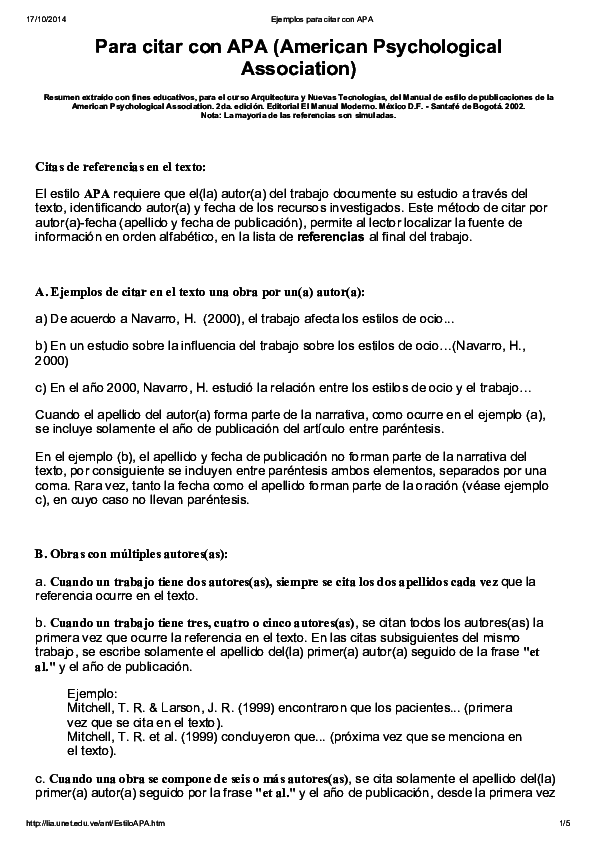 (PDF) Ejemplos para citar con APA